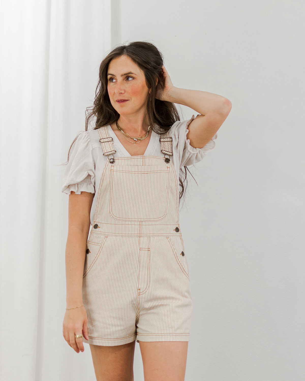 Women's Brown Willa Stripe Short Overall | CoCapsules